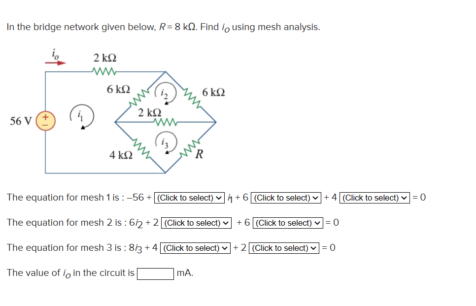 Solved In the bridge network given below, R=8kΩ. Find iO | Chegg.com