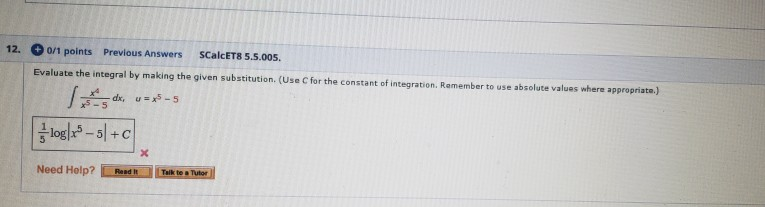Solved 12. 0/1 points Previous Answers SCalcET8 5.5.005. | Chegg.com