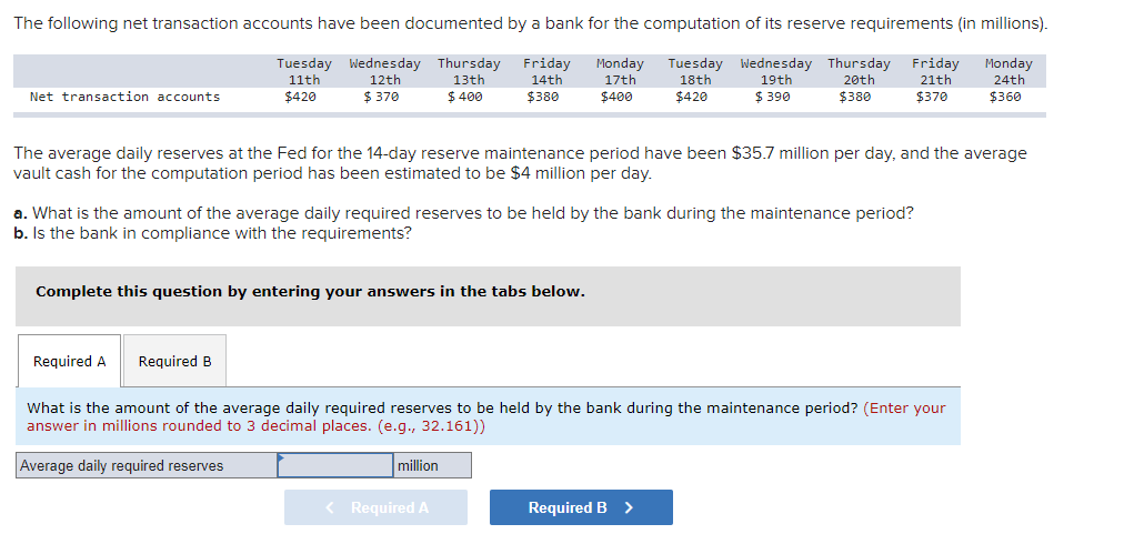 The average daily reserves at the Fed for the 14-day | Chegg.com