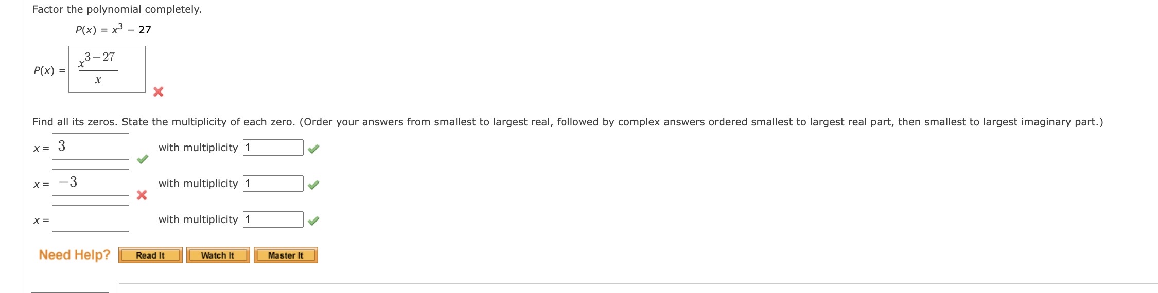 Solved Factor the polynomial completely.P(x) = x3 − 27Find | Chegg.com