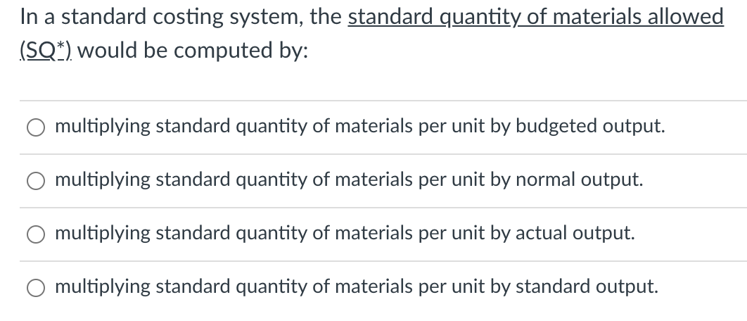 Solved In a standard costing system, the standard quantity | Chegg.com