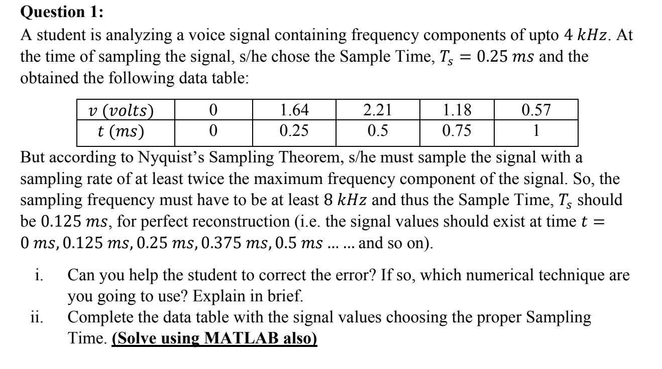 Solved Question 1: A student is analyzing a voice signal | Chegg.com