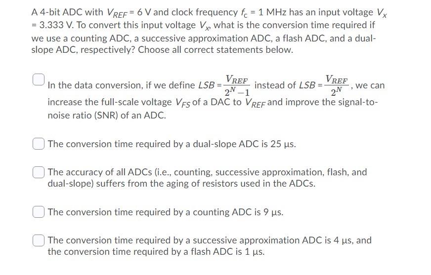 Solved A4-bit ADC with VREF = 6 V and clock frequency fc = 1 | Chegg.com