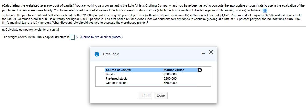 Solved a.Calculate component weights of capital. The weight | Chegg.com