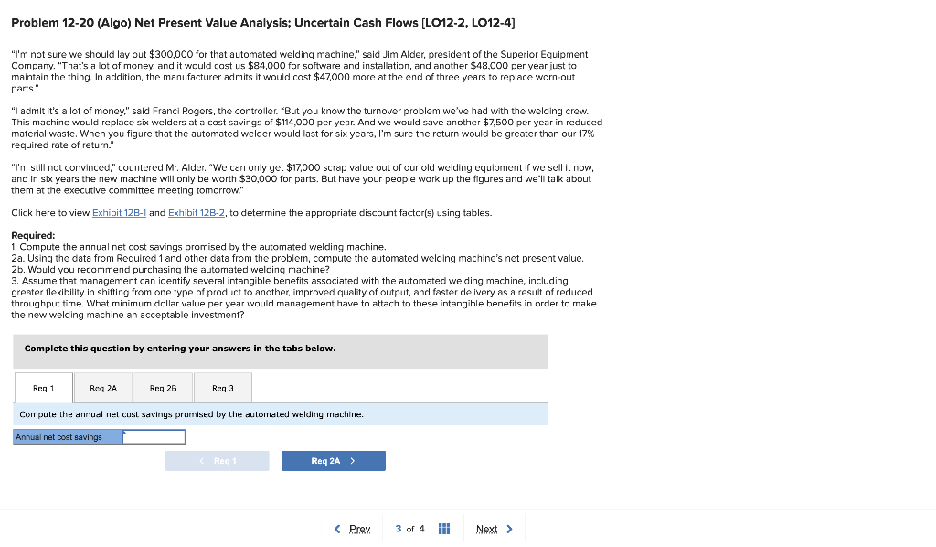 Solved Problem 12-20 (Algo) Net Present Value Analysis: | Chegg.com