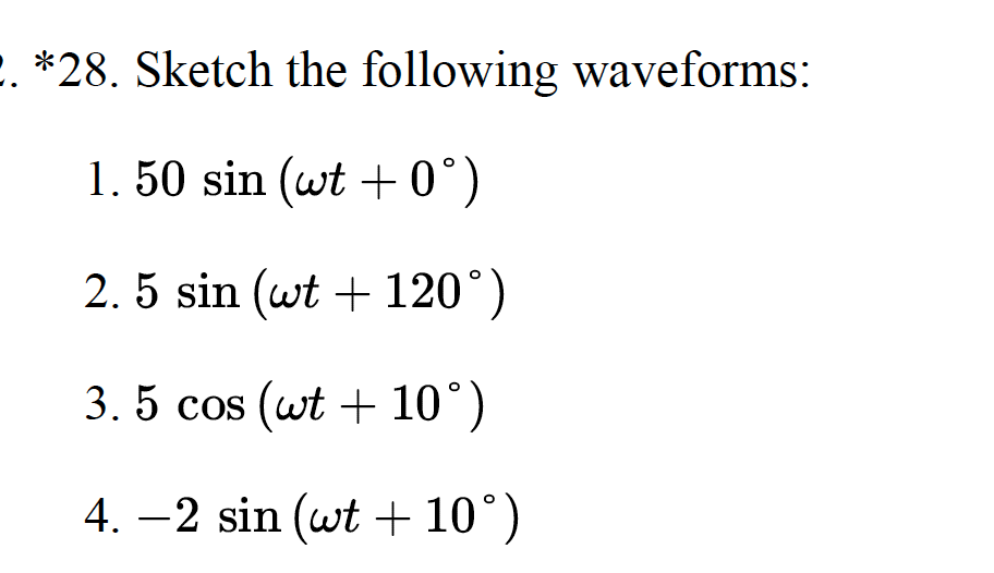 Solved *28. Sketch the following waveforms: 1. 50sin(ωt+0∘) | Chegg.com