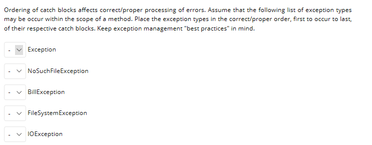 Solved Ordering of catch blocks affects correct/proper | Chegg.com