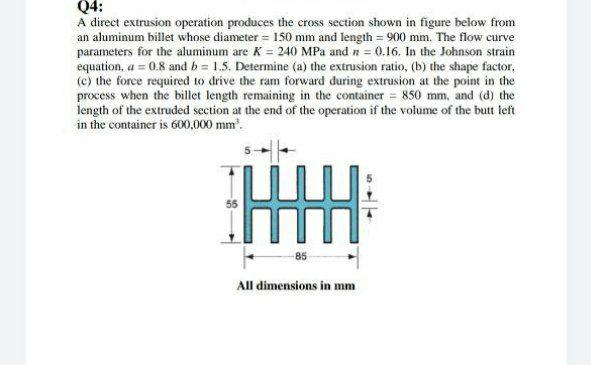 Solved 04: A direct extrusion operation produces the cross | Chegg.com