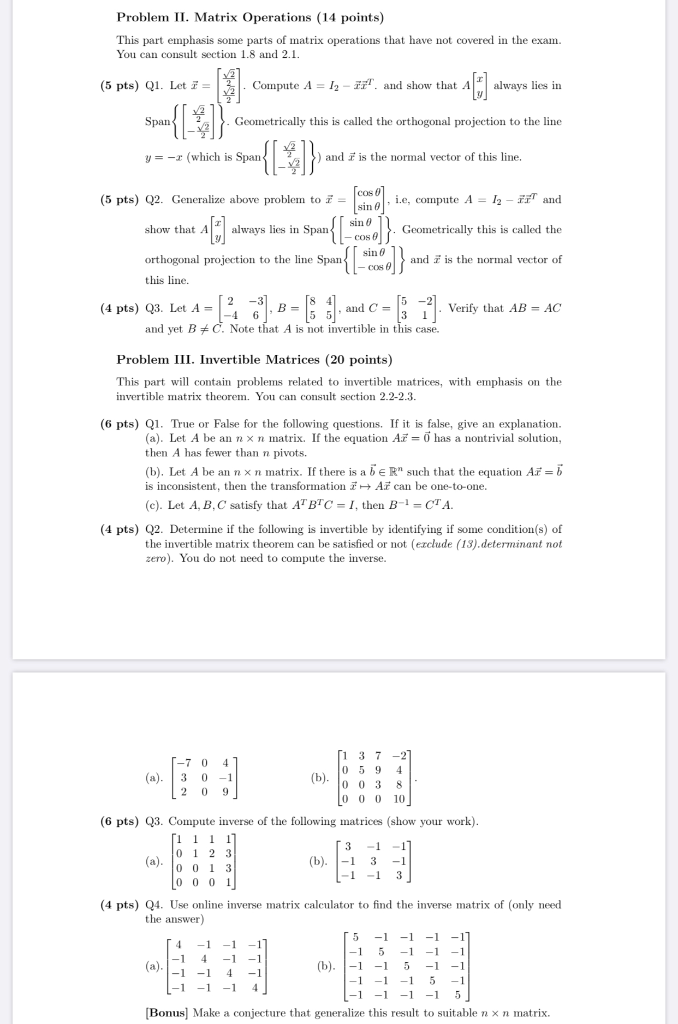 Solved Problem II. Matrix Operations (14 points) This part | Chegg.com