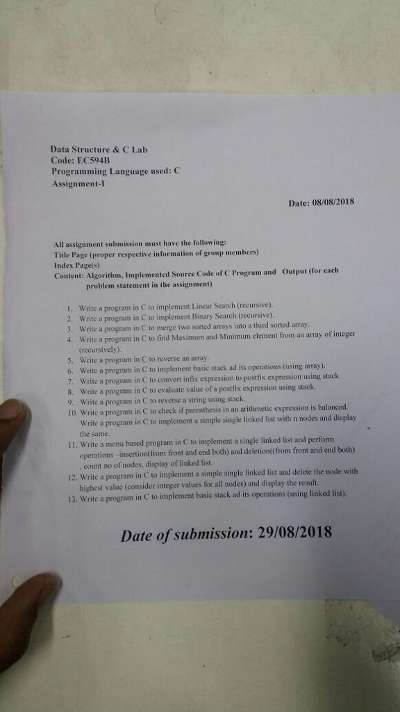 Solved Data Structure& C Lab Code: EC594B Programming | Chegg.com