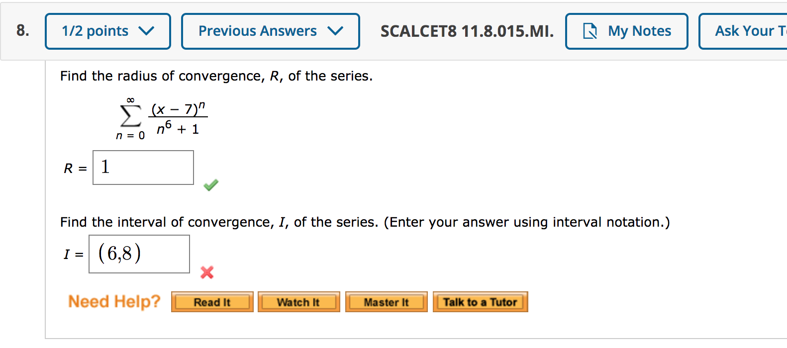 Solved 1/2 points v Previous Answers V SCALCET8 11.8.015.MI. | Chegg.com