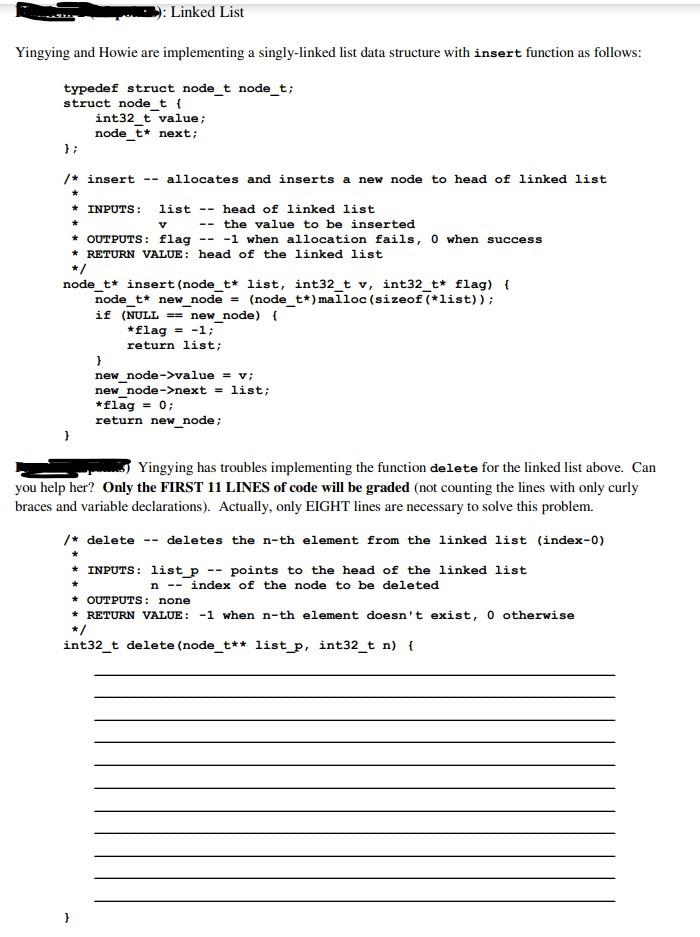 Solved Yingying and Howie are implementing a singly-linked | Chegg.com