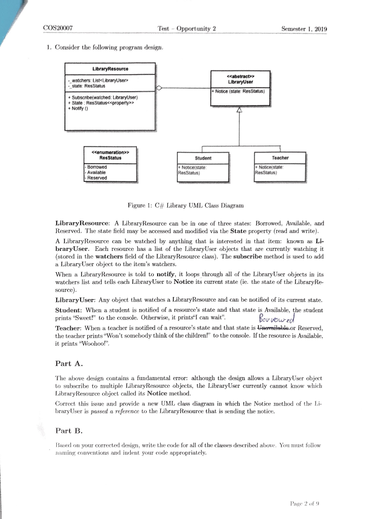 Solved COS20007 Tst Opportunity 2 Semester 1, 2019 1. | Chegg.com