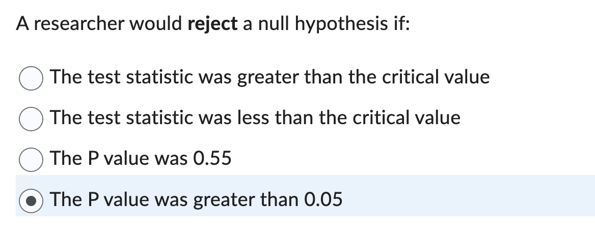 Solved A researcher would reject a null hypothesis if: The | Chegg.com