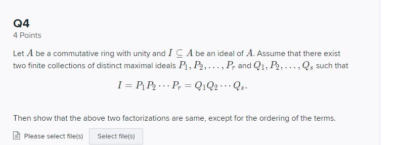 Solved Q4 4 Points Let A be a commutative ring with unity | Chegg.com