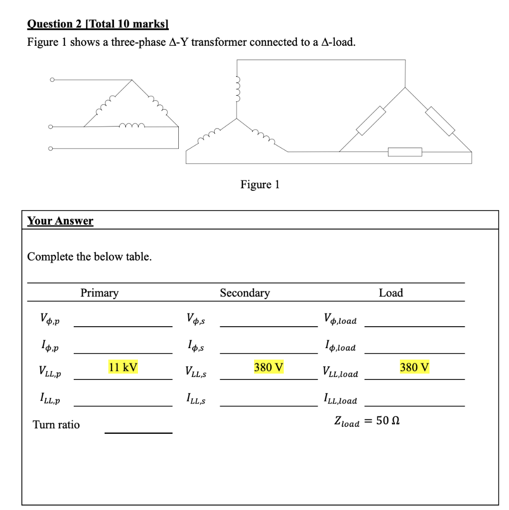 Solved Figure 1 shows a three-phase Delta-Y transformer | Chegg.com