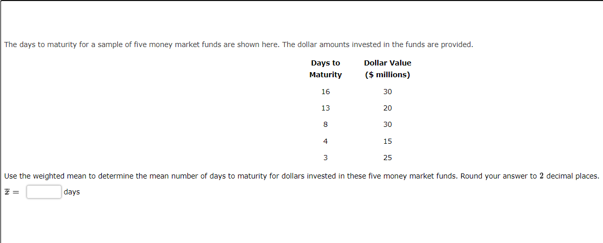 Solved The days to maturity for a sample of five money | Chegg.com
