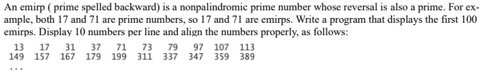 Solved An emirp (prime spelled backward) is a nonpalindromic | Chegg.com