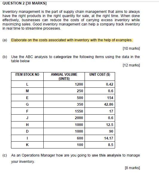 Solved QUESTION 2 [30 MARKS] Inventory management is the | Chegg.com