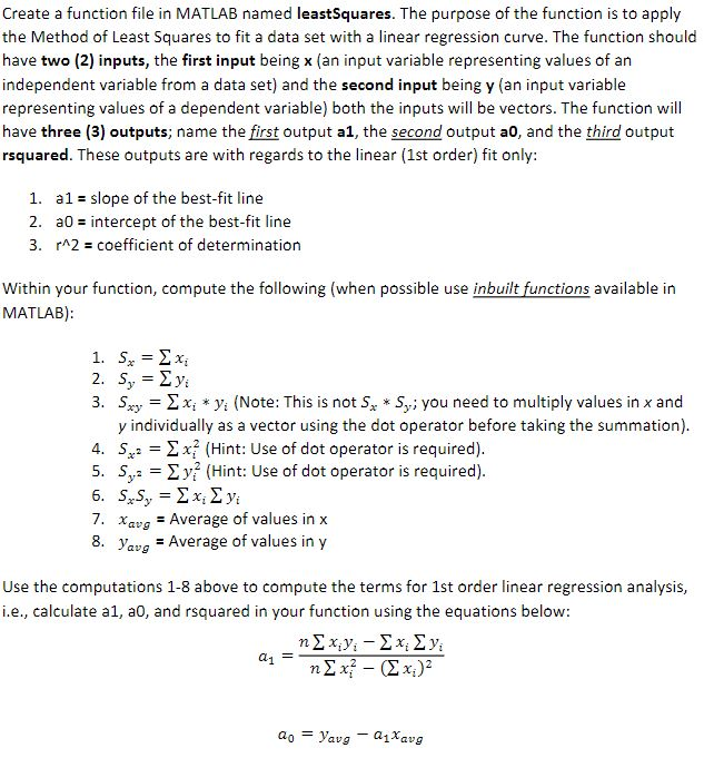 Solved Create a function file in MATLAB named leastSquares. | Chegg.com
