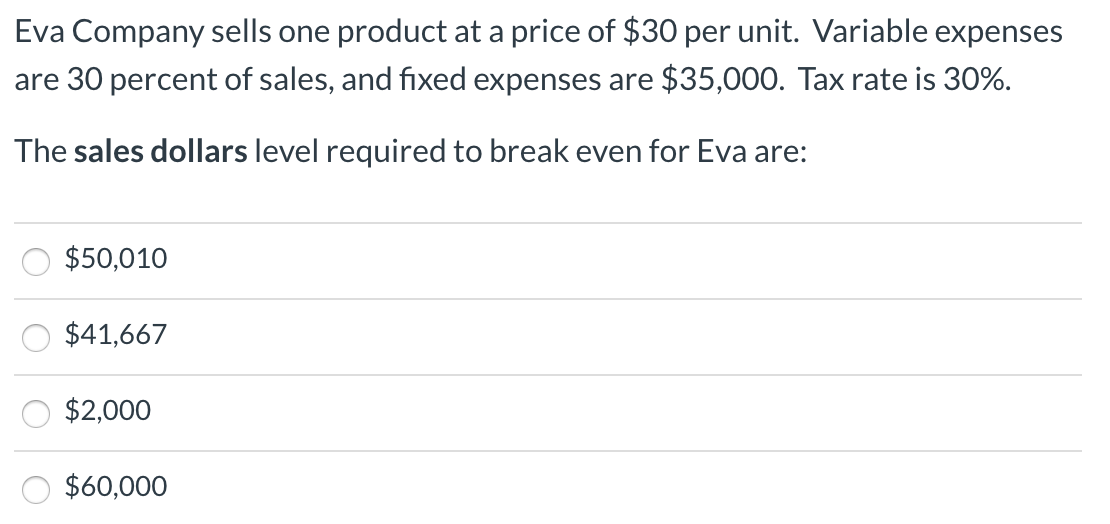 Solved Eva Company sells one product at a price of $30 per | Chegg.com