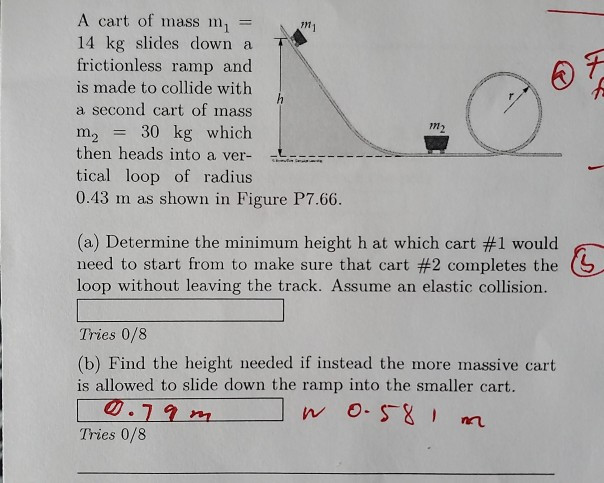 Solved A cart of mass m, = 14 kg slides down a frictionless | Chegg.com