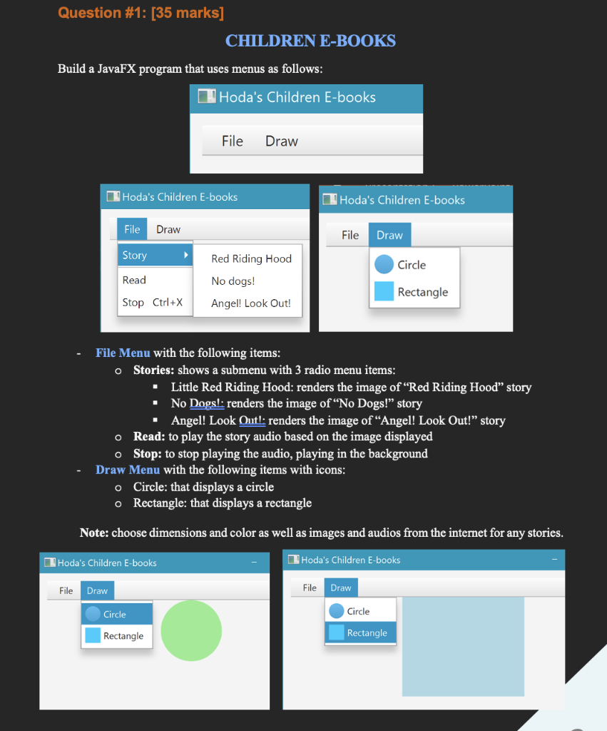 Build a JavaFX program that uses menus as follows: | Chegg.com