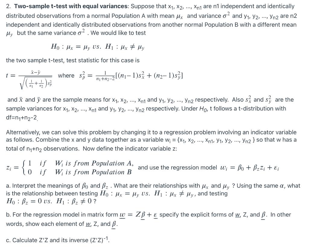 2. Two-sample t-test with equal variances: Suppose | Chegg.com