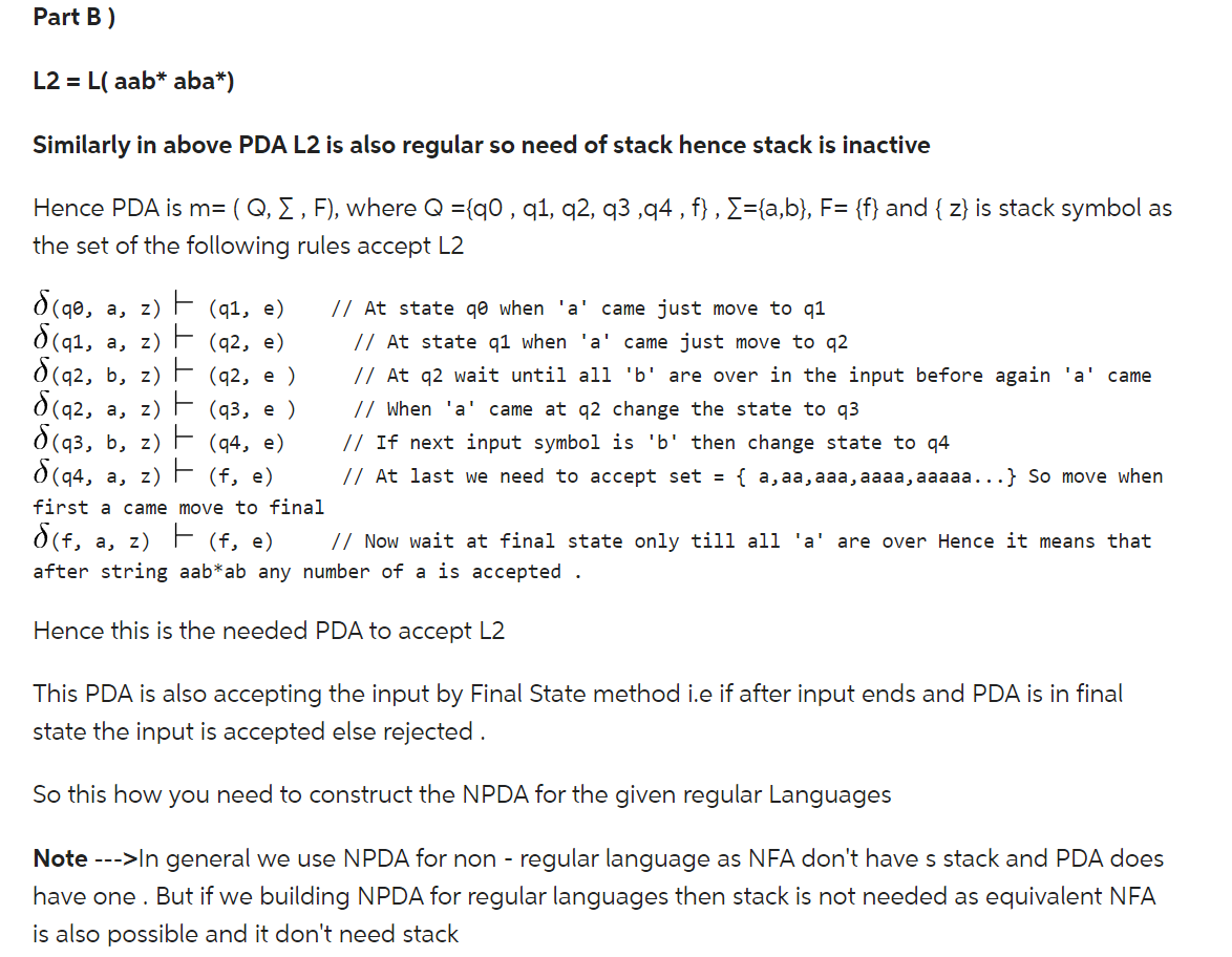 Solved L2=L(aab∗aba∗) Similarly in above PDA L2 is also | Chegg.com