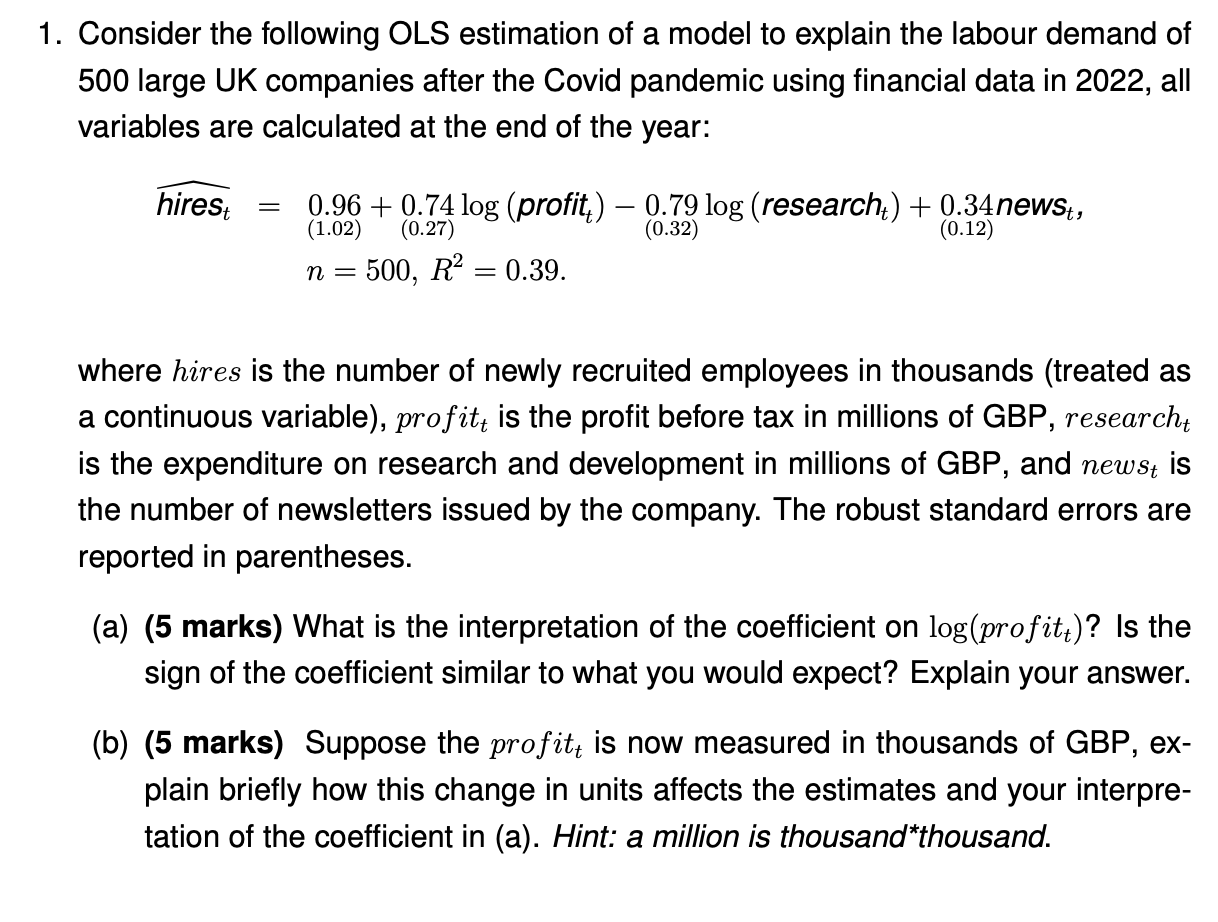 Solved Consider the following OLS estimation of a model to | Chegg.com