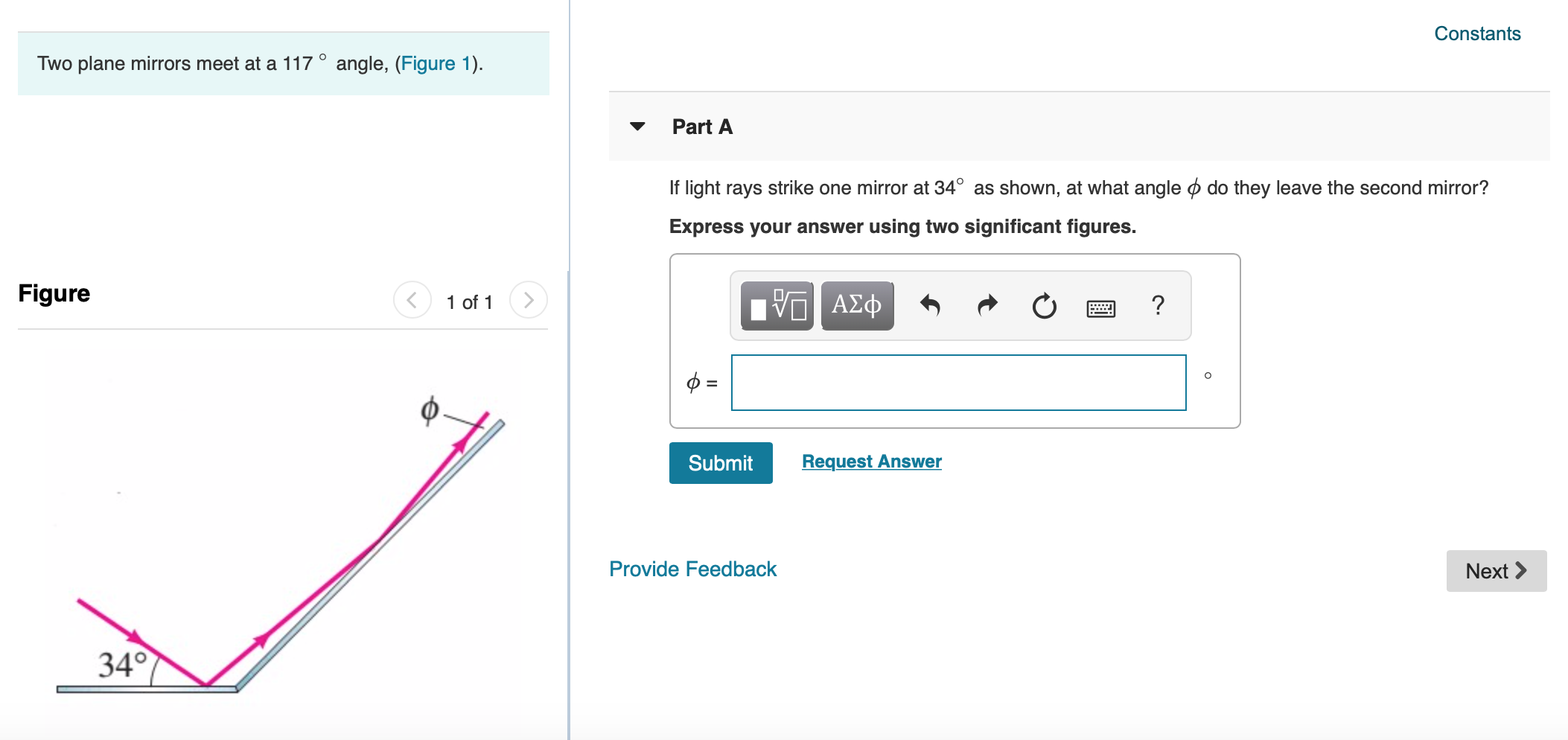Solved Constants Two plane mirrors meet at a 117° angle, | Chegg.com