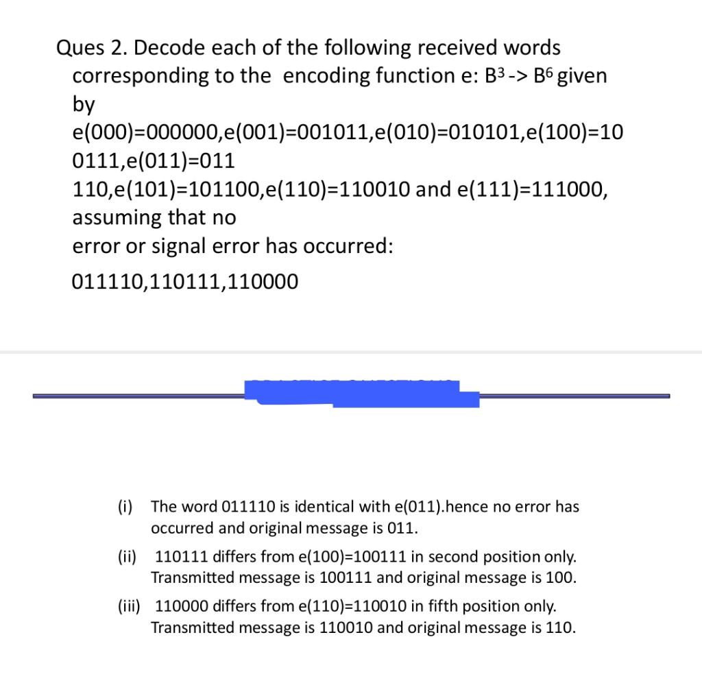 Solved Ques 2. Decode each of the following received words | Chegg.com