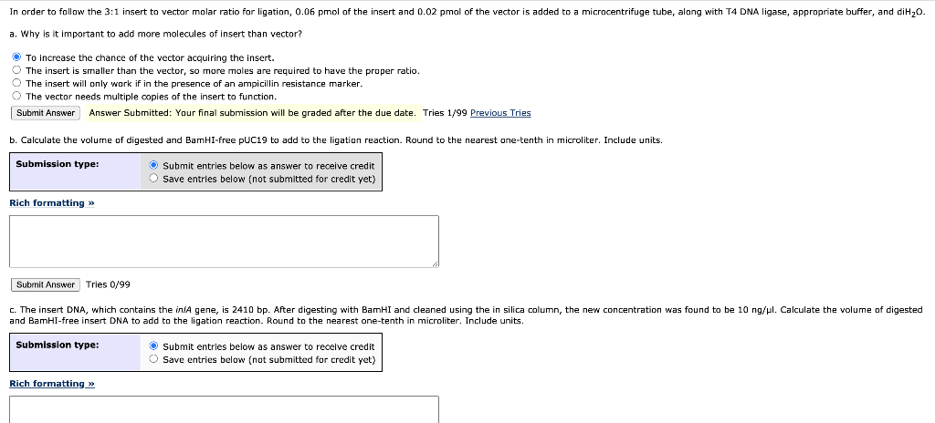 In order to follow the 3:1 insert to vector molar | Chegg.com