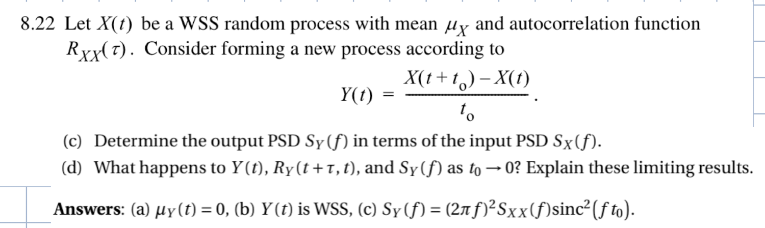 8.22 Let X(t) be a WSS random process with mean My | Chegg.com
