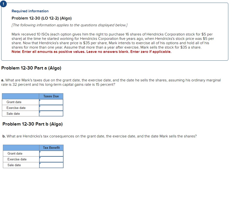 Solved Problem 12-30 (LO 12-2) (Algo)[The following | Chegg.com