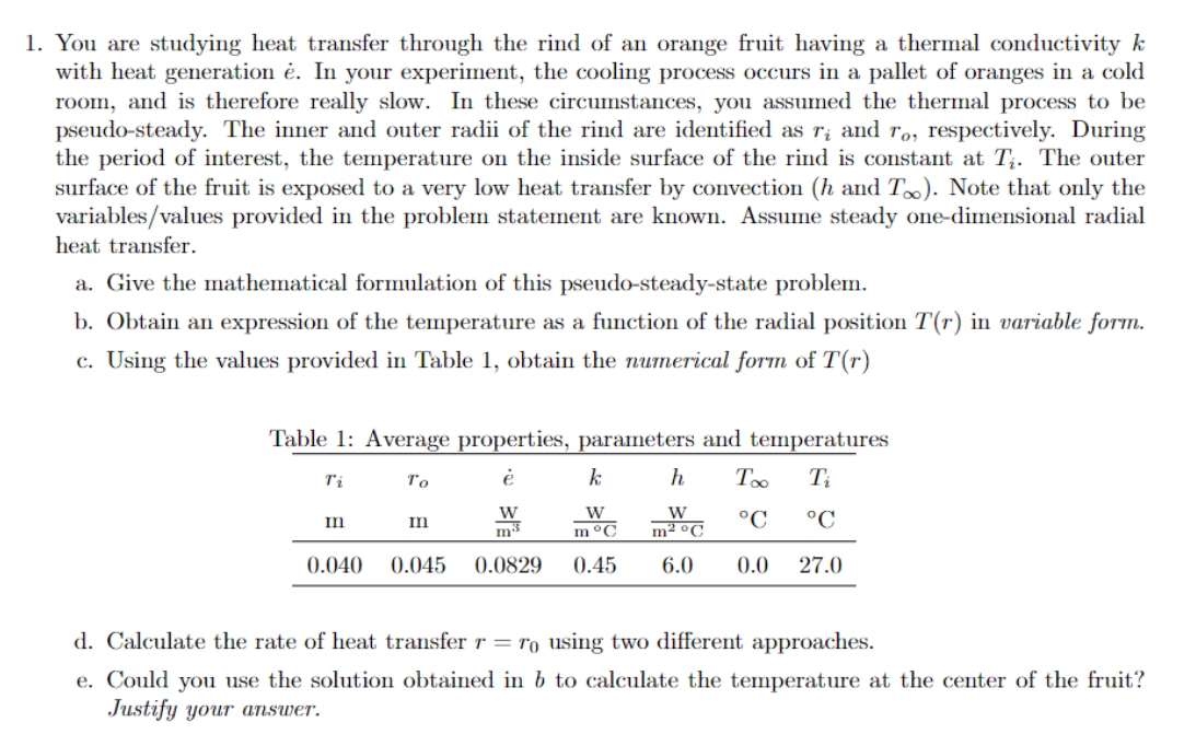 Solved Heat Transfer Question. Please solve for a-e | Chegg.com