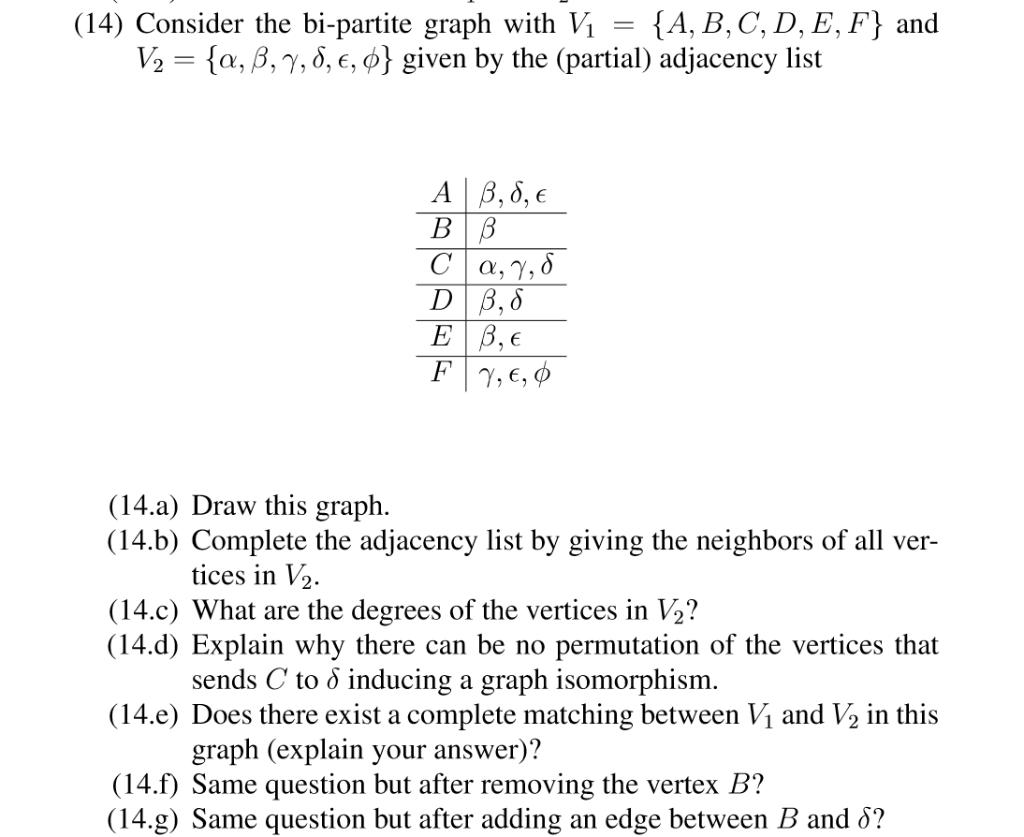 Solved (14) Consider the bi-partite graph with ViA, B, C, D, | Chegg.com