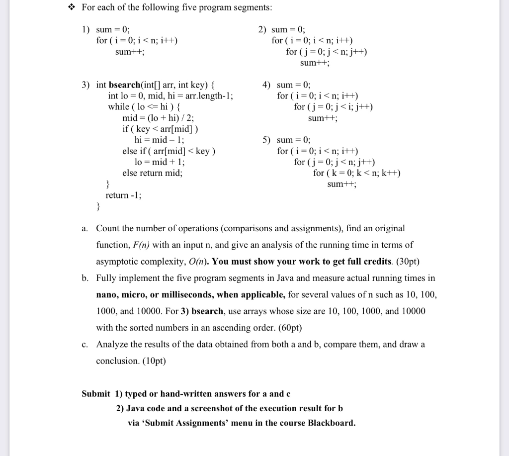 Solved For each of the following five program segments: 1) | Chegg.com