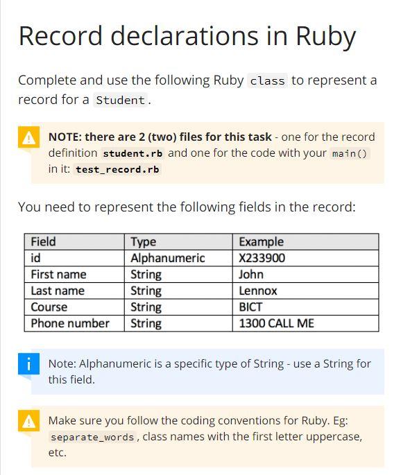 Solved Record declarations in Ruby Complete and use the | Chegg.com