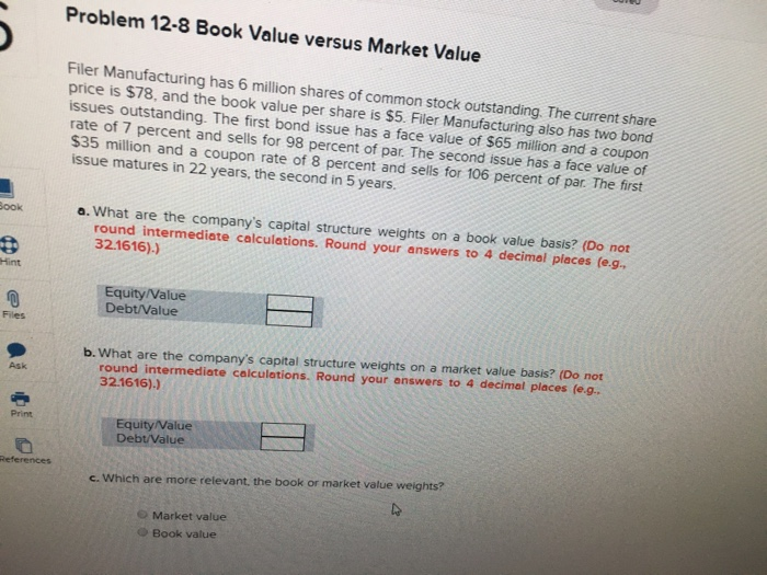 Solved Problem 12-8 Book Value versus Market Value Filer | Chegg.com