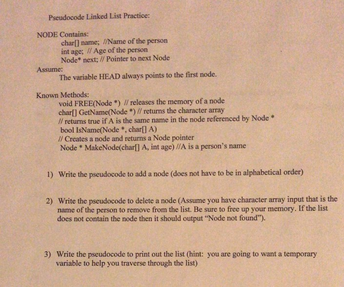 Solved Pseudocode Linked List Practice: NODE Contains: | Chegg.com