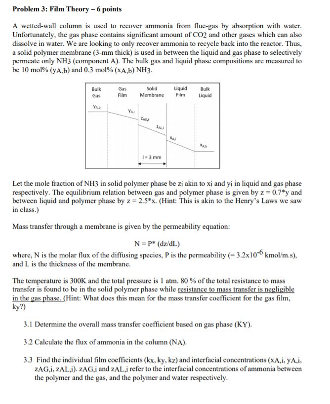 Problem 3: Film Theory - 6 points A wetted-wall | Chegg.com