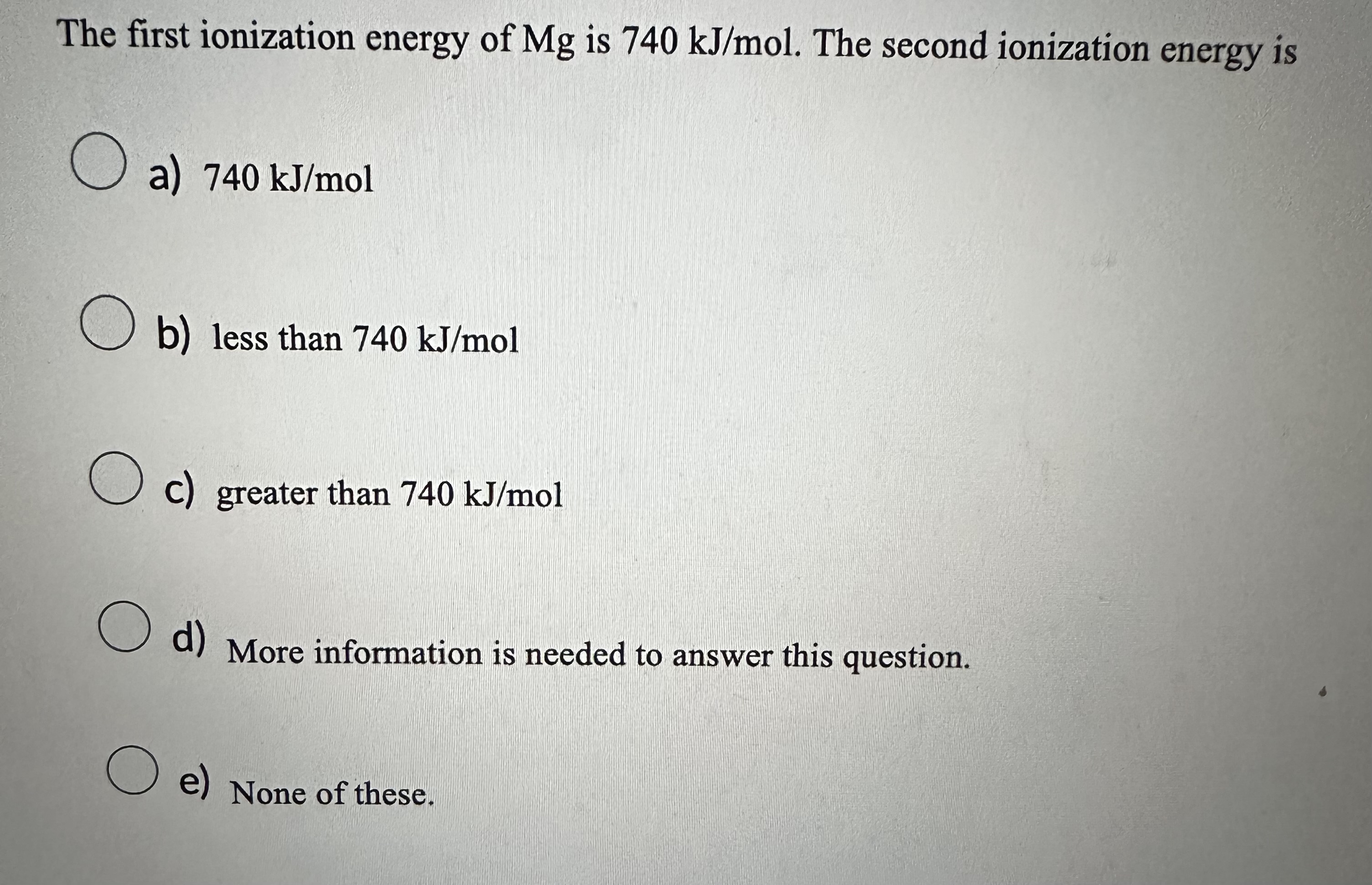Solved The first ionization energy of Mg is 740 kJ/mol. The | Chegg.com