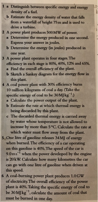 Solved 1 a Distinguish between specific energy and energy | Chegg.com