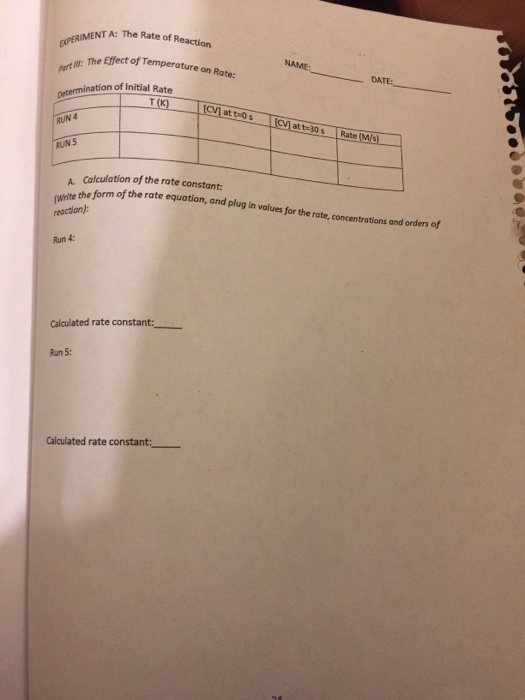 EXPERIMENT A: The Rate of Racti DATE:- IMENT A: The | Chegg.com
