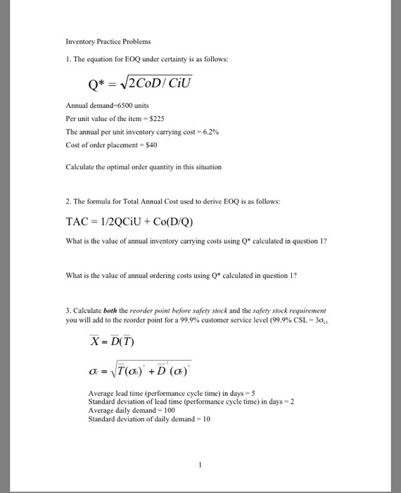 Solved Inventory Practice Problems 1. The equation for EOQ | Chegg.com