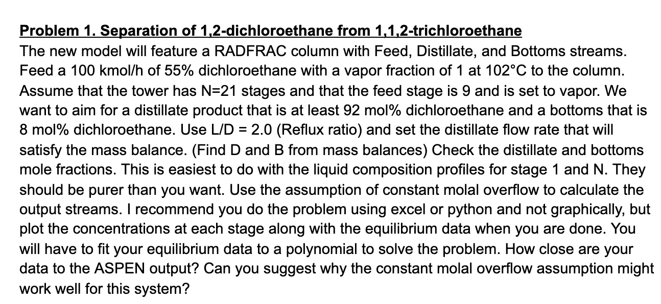Problem 1. Separation of 1,2-dichloroethane from | Chegg.com