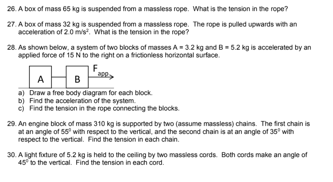 Solved 26. A box of mass 65 kg is suspended from a massless | Chegg.com