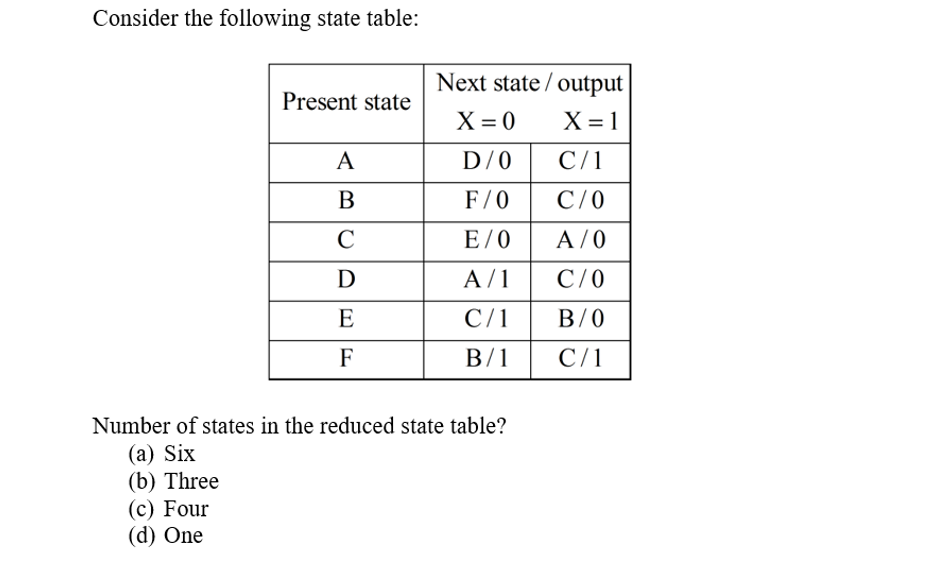 Solved Consider the following state table: Next state/ | Chegg.com