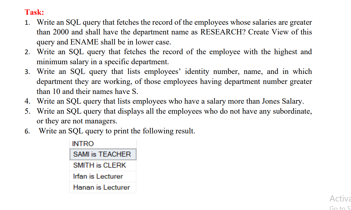 Solved Task: 1. Write an SQL query that fetches the record | Chegg.com